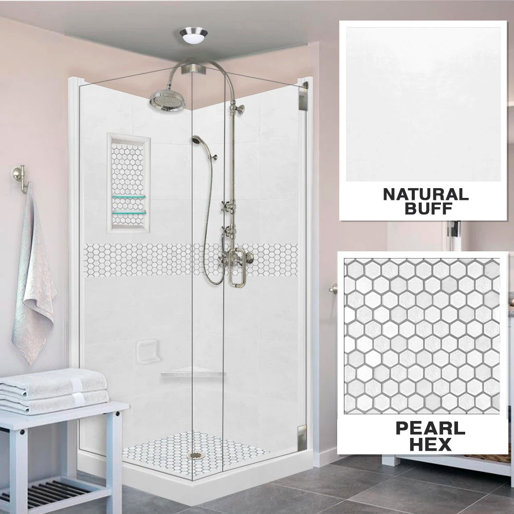 Corner Natural Buff Sistine Stone & Pearl Hex Mosaic Accent Shower Rem ...