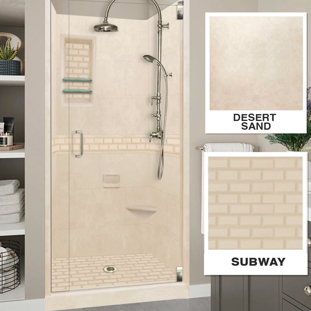 Alcove Desert Sand Sistine Stone & Subway Stone Accent Shower Remodel ...