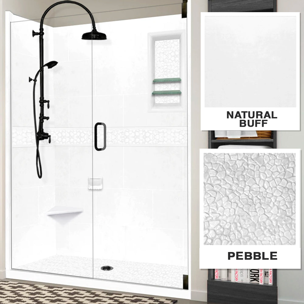 60" Alcove Natural Buff Sistine Stone & Pebble Stone Accent Shower Rem ...