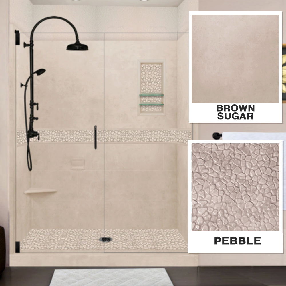 60" Alcove Brown Sugar Sistine Stone & Pebble Stone Accent Shower Remo ...