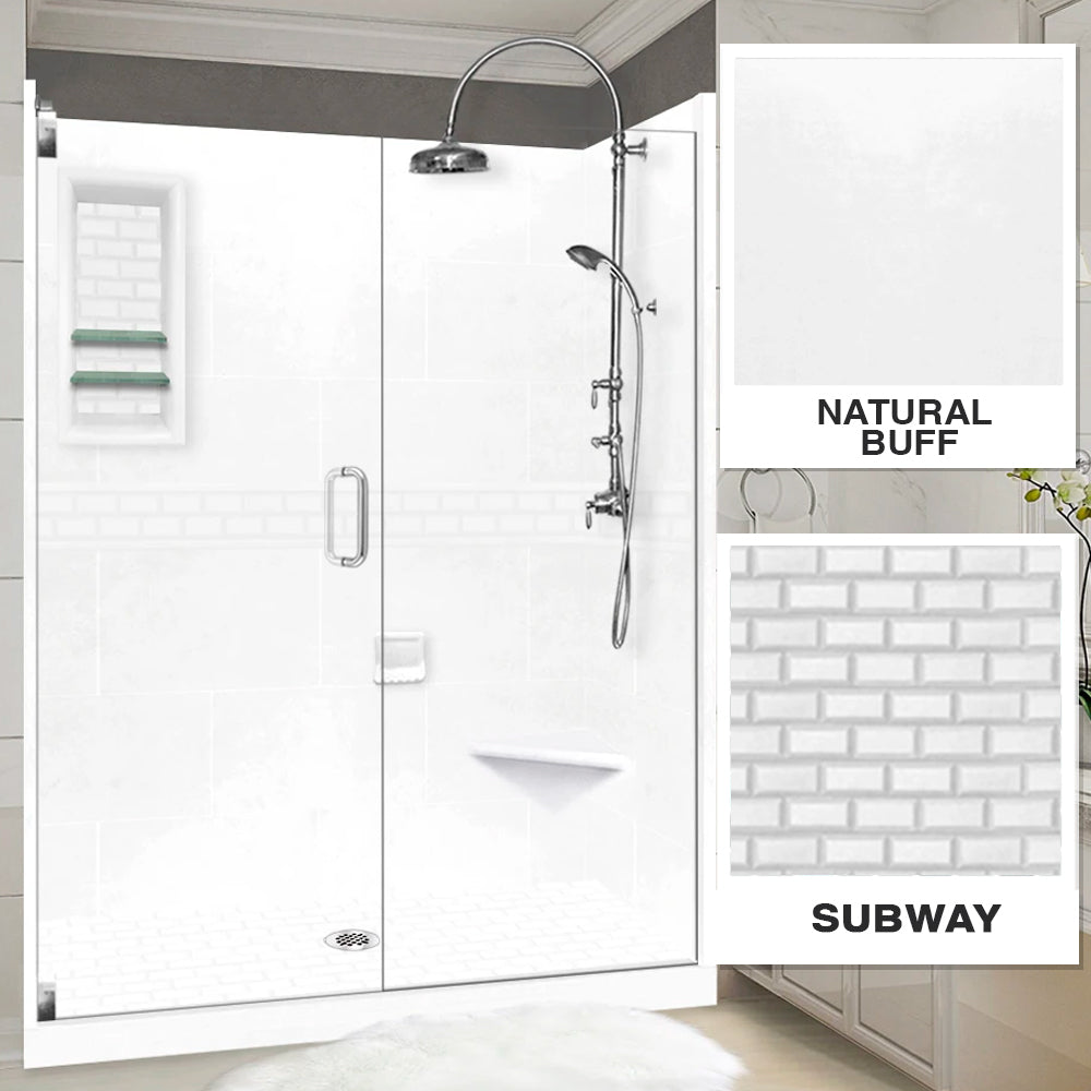 60" Alcove Natural Buff Sistine Stone & Subway Stone Accent Shower Rem ...