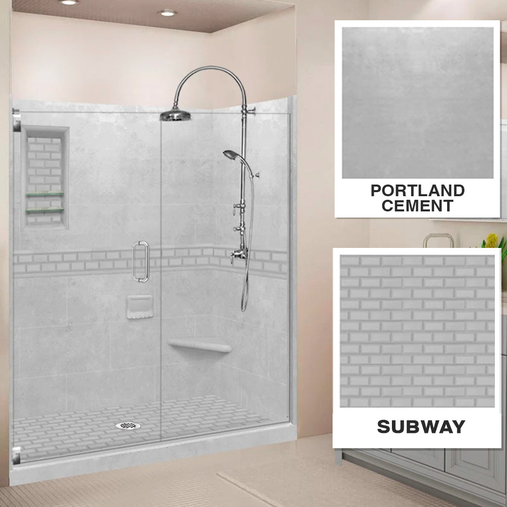 60" Alcove Portland Cement Sistine Stone & Subway Stone Accent Shower ...