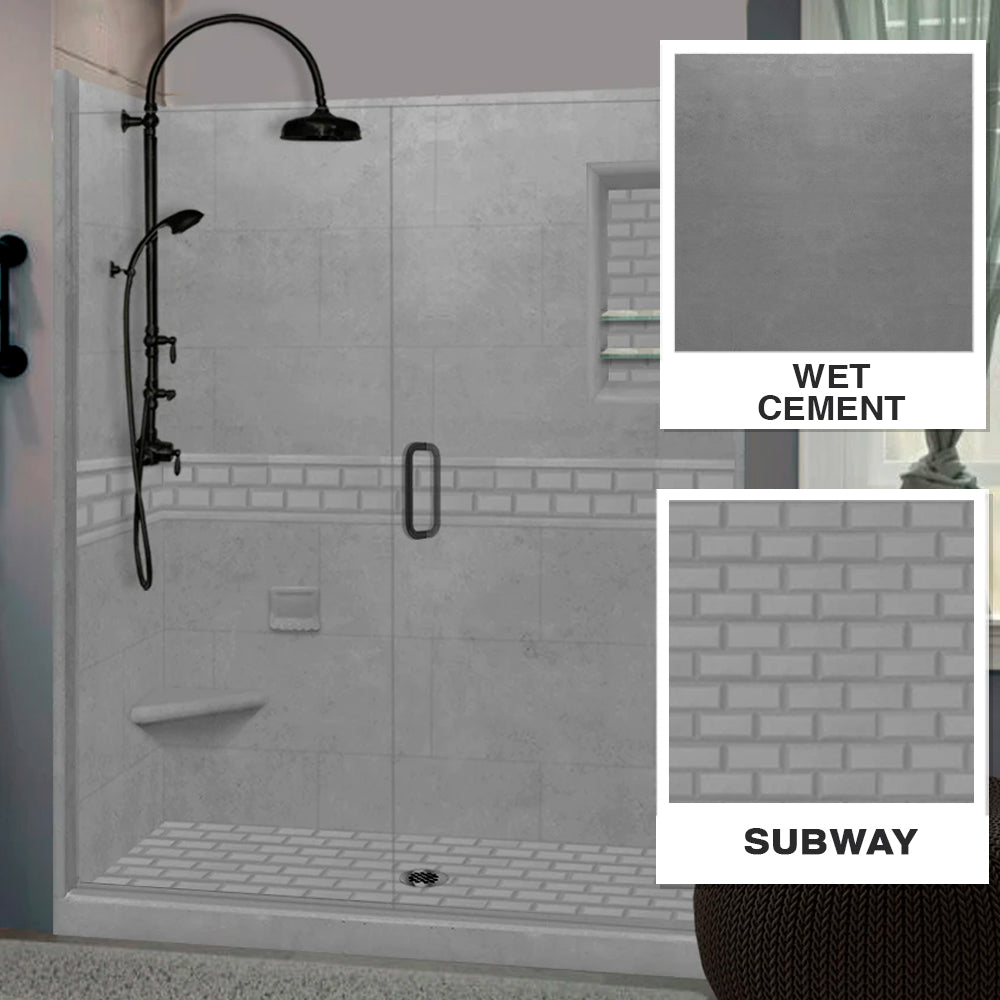 60" Alcove Wet Cement Sistine Stone & Subway Stone Accent Shower Remod ...