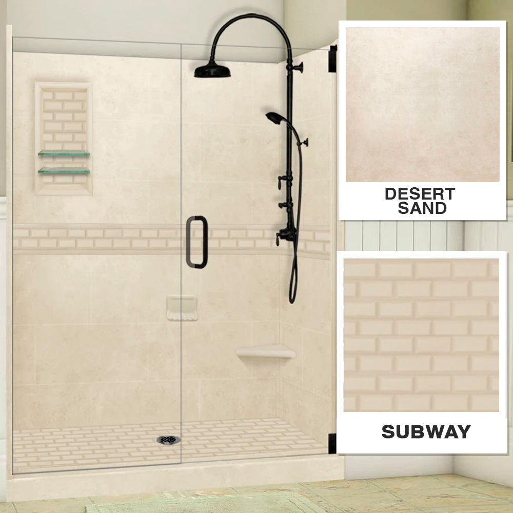 60" Alcove Desert Sand Sistine Stone & Subway Stone Accent Shower Remo ...