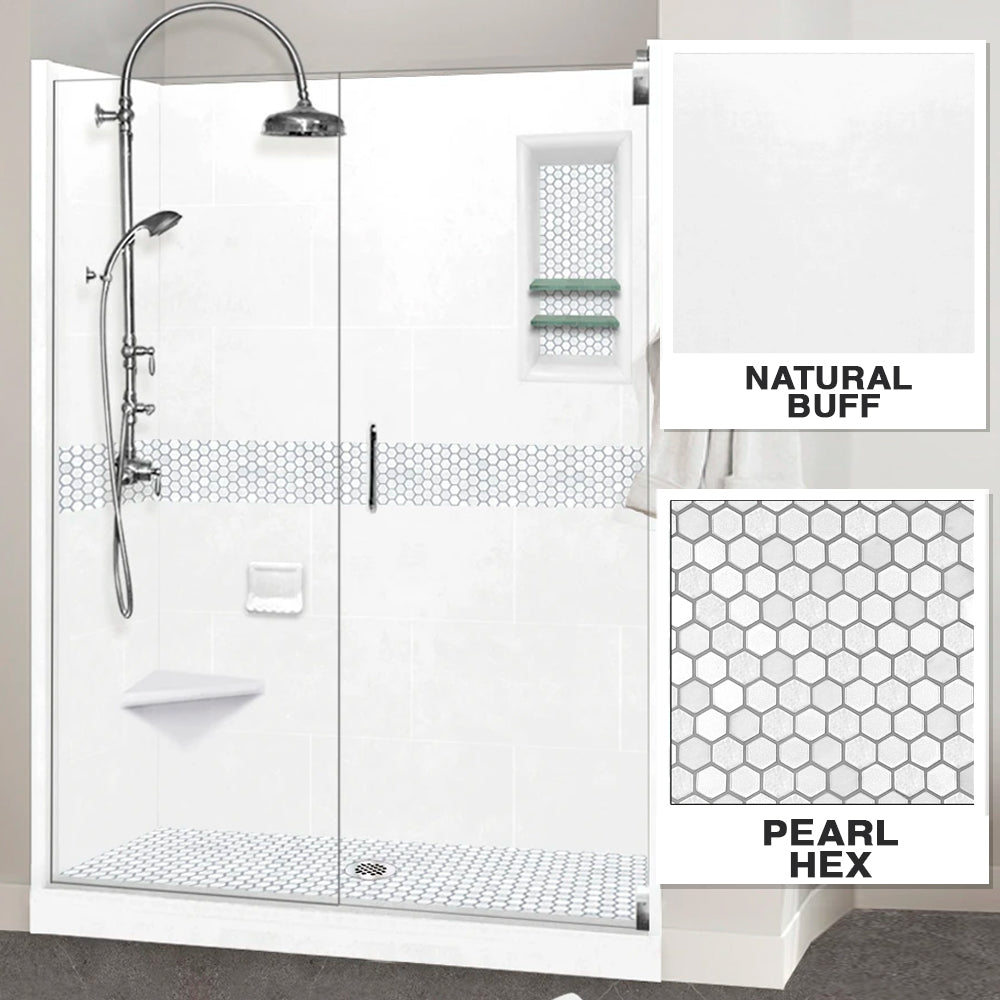 60" Alcove Natural Buff Sistine Stone & Pearl Hex Mosaic Accent Shower ...