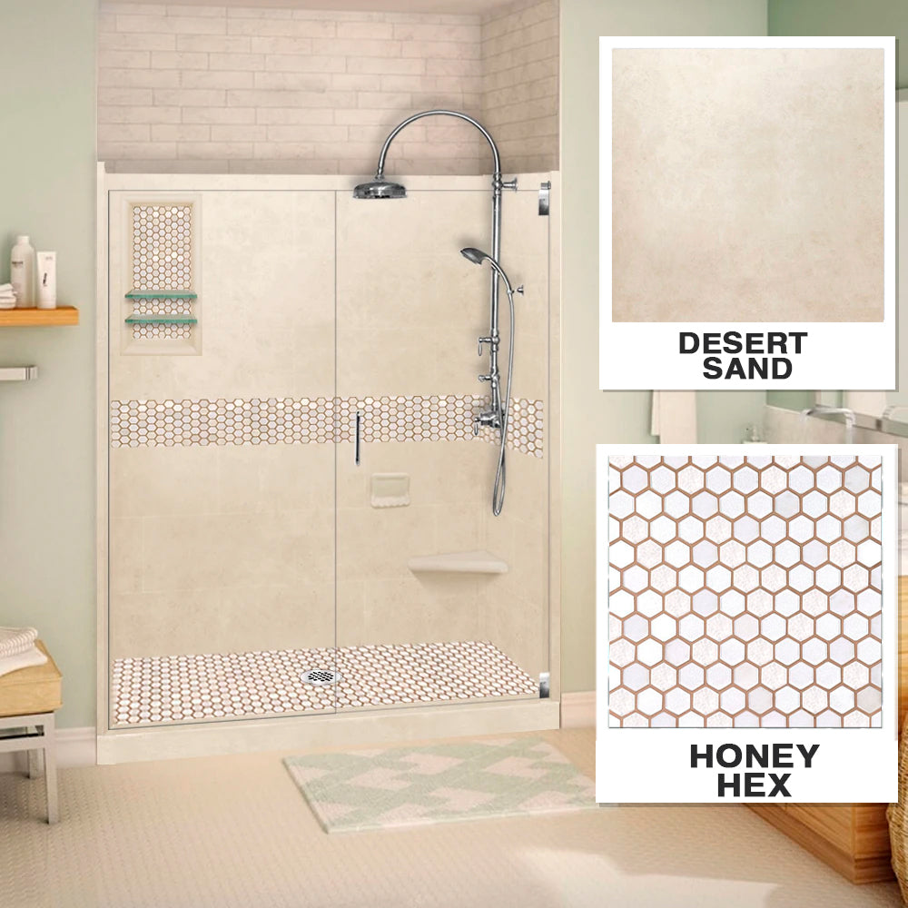 60" Alcove Desert Sand Sistine Stone & Honey Hex Mosaic Accent Shower ...