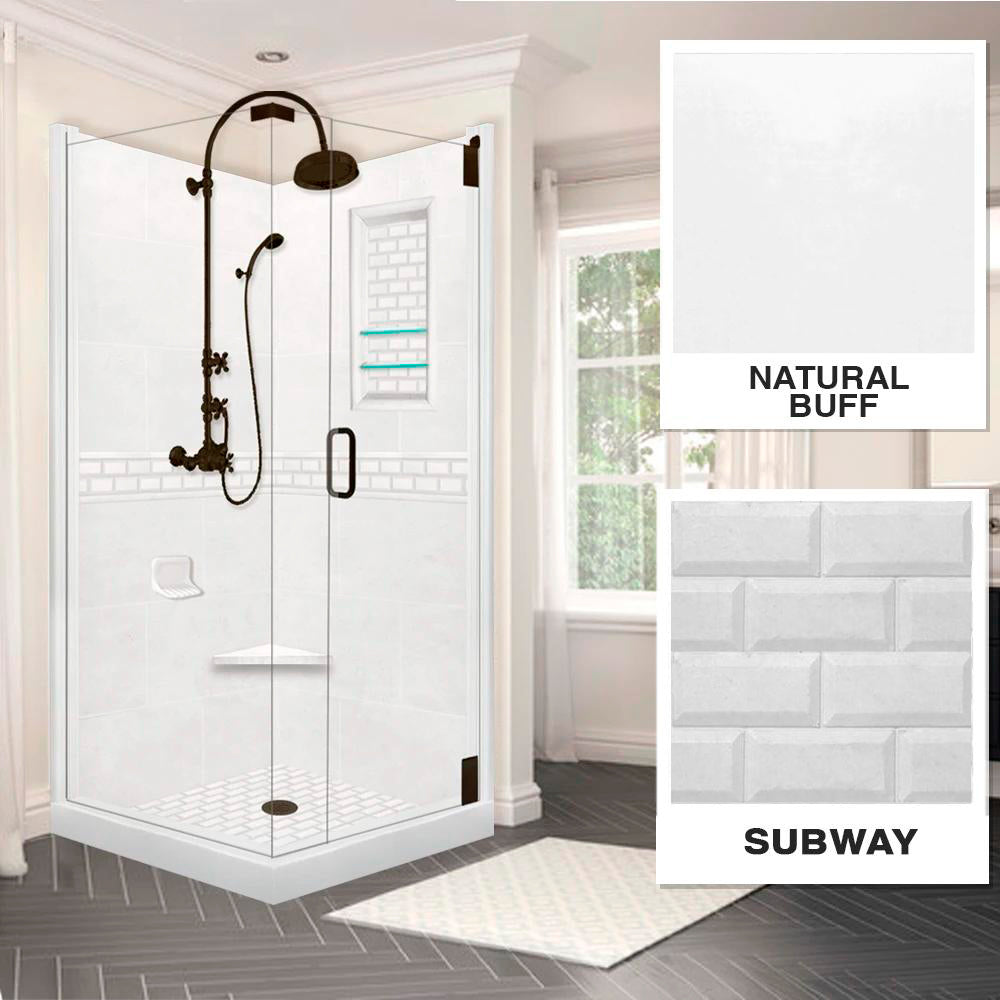 Corner Natural Buff Sistine Stone & Subway Stone Accent Shower Remodel ...