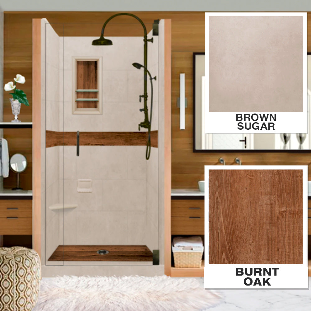 Alcove Brown Sugar Sistine Stone & Burnt Oak Wood Accent Shower Remode ...
