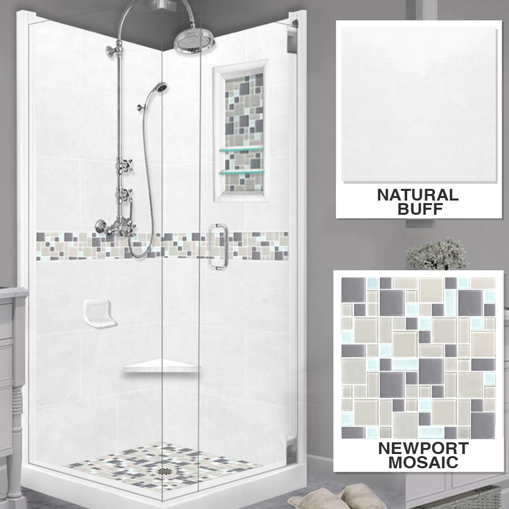 Corner Natural Buff Sistine Stone & Newport Mosaic Accent Shower Remod ...
