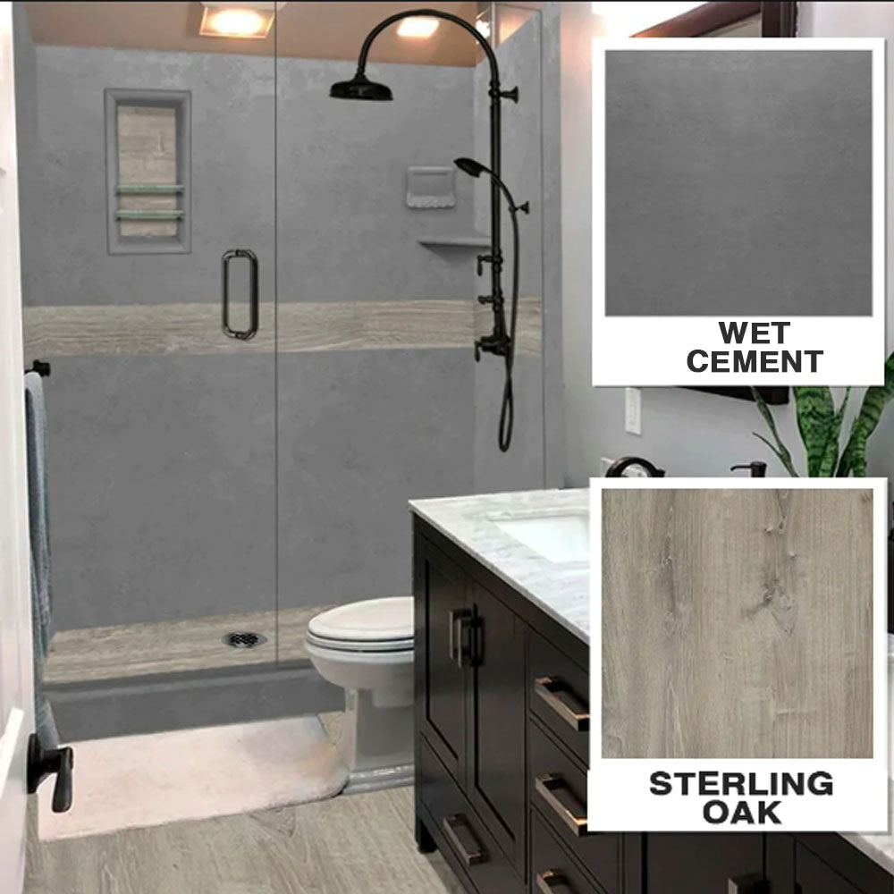 60" Alcove Wet Cement Sistine Stone & Sterling Oak Wood Accent Shower ...