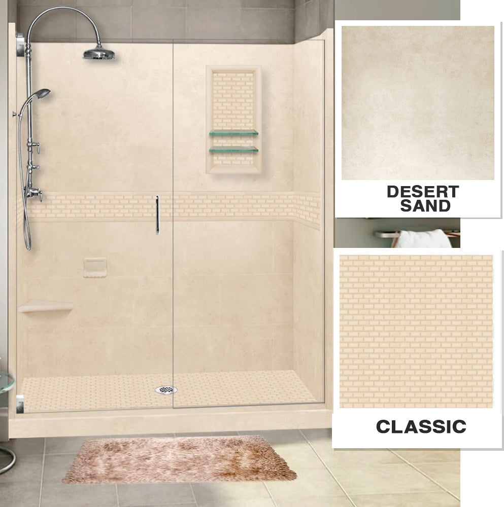60" Alcove Desert Sand Sistine Stone & Classic Stone Accent Shower Rem ...